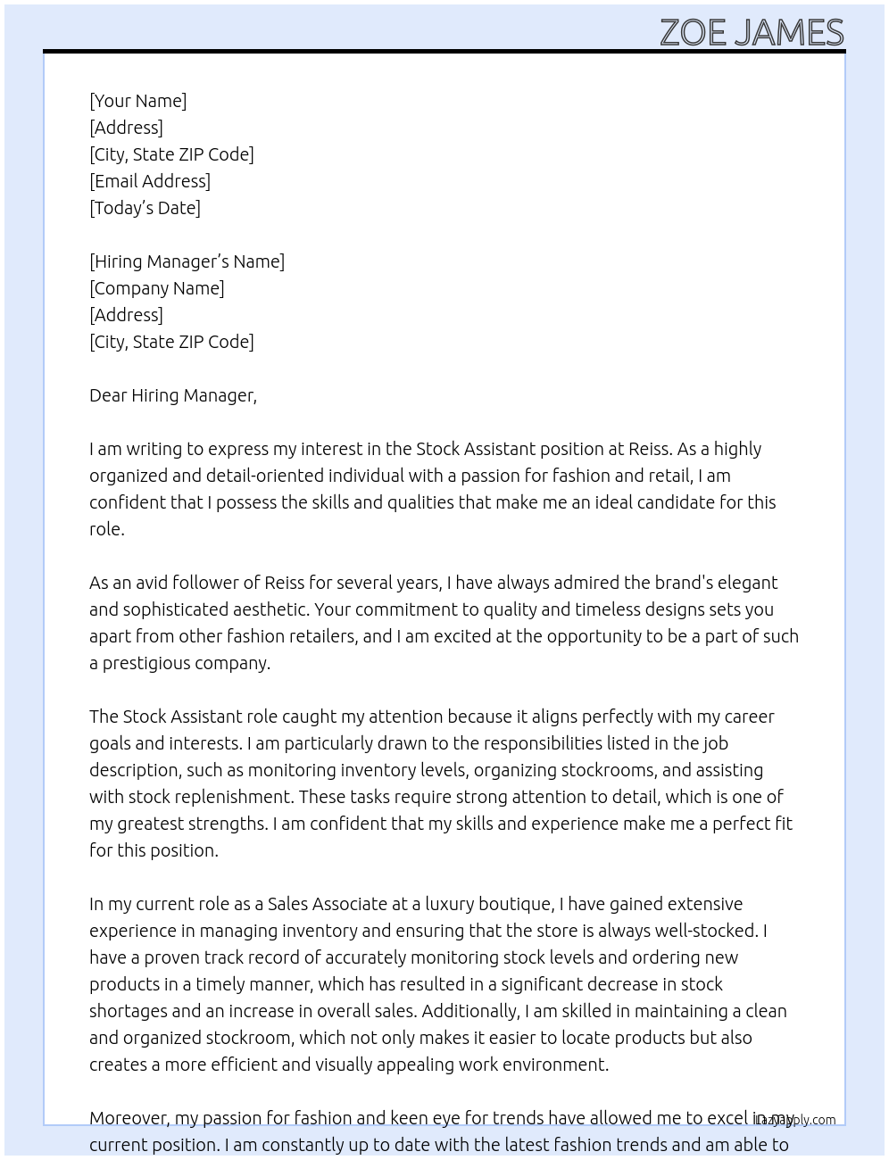 Cover letter for stock assistant - LazyApply