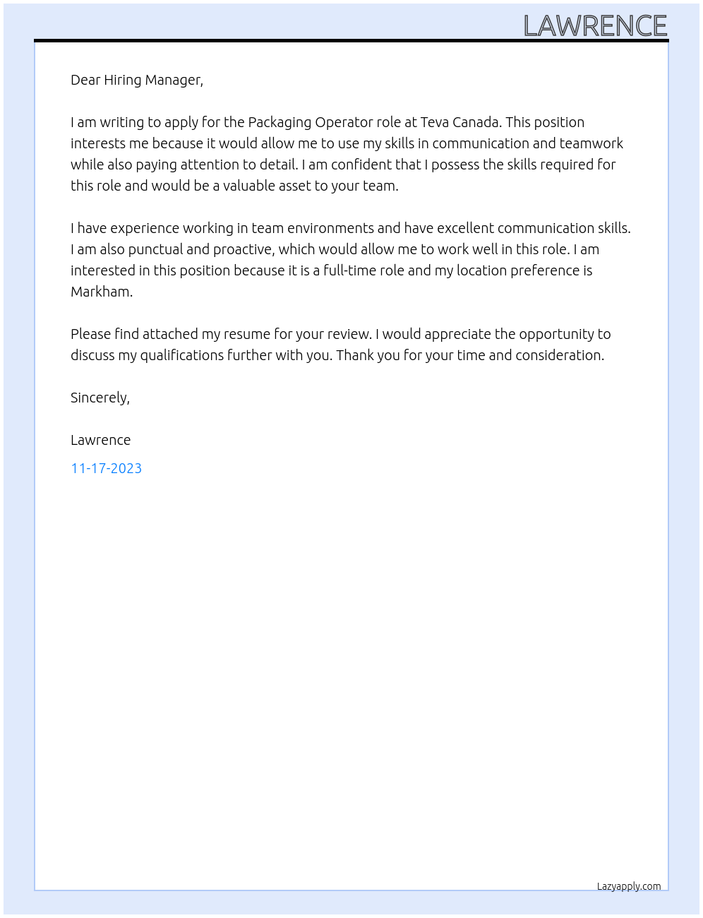 Cover letter for packaging operator - LazyApply