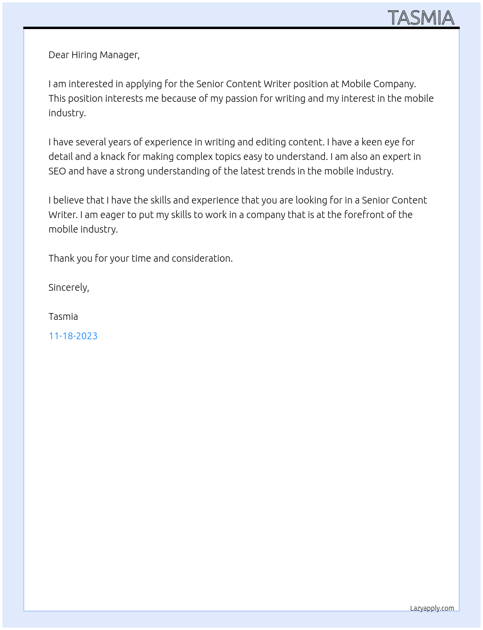 Cover letter for senior content writer - LazyApply