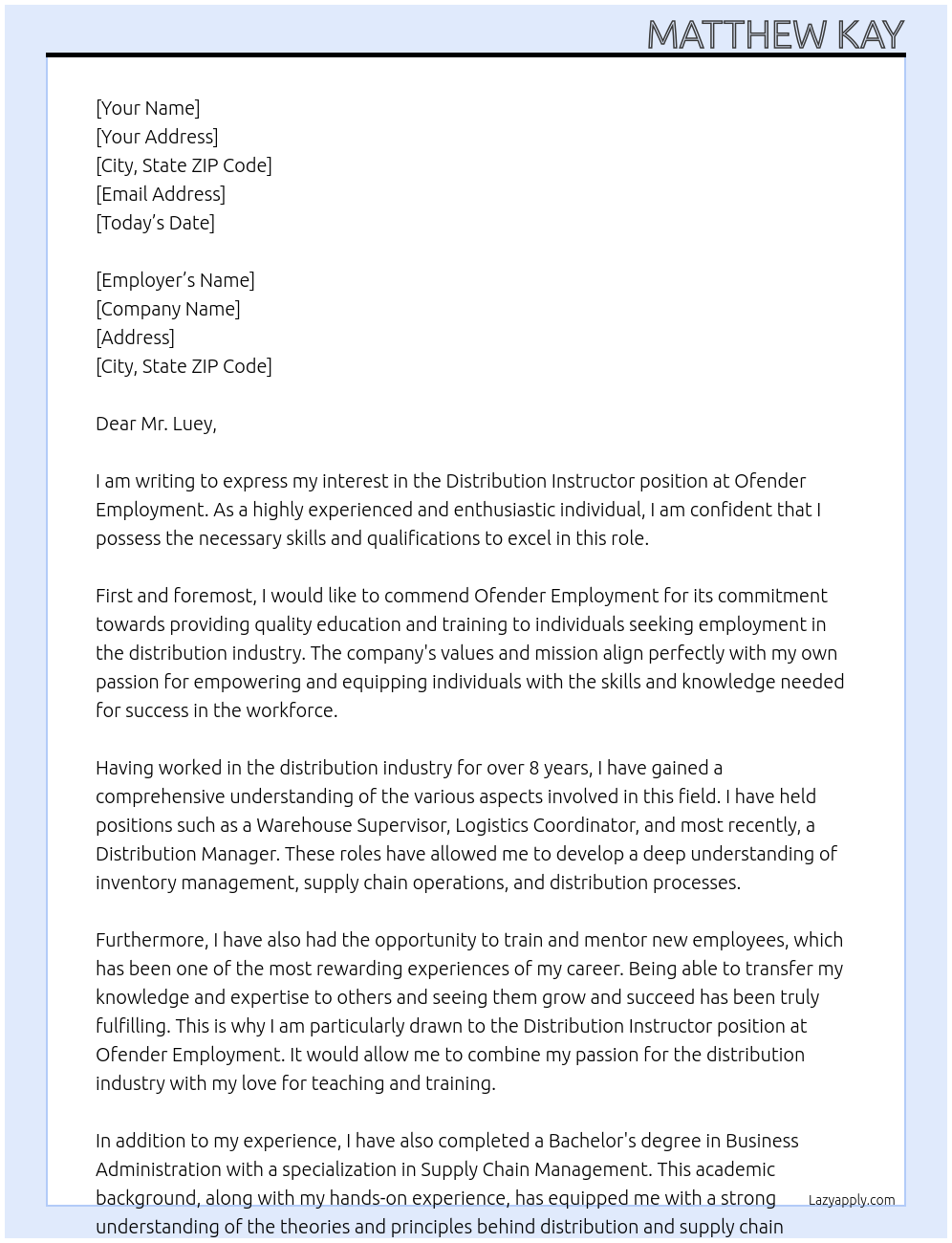 Cover letter for distribution instructor - LazyApply