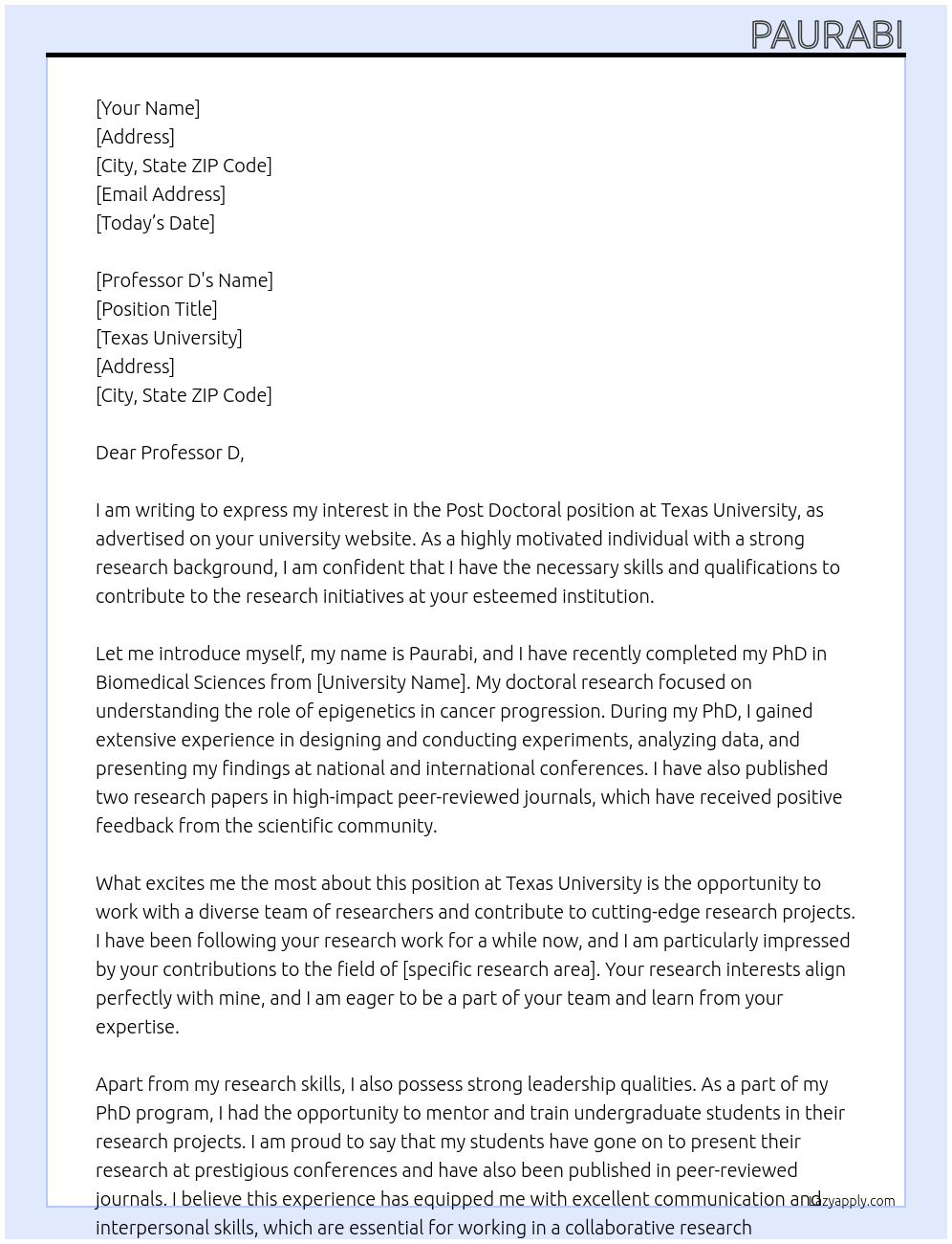 Cover letter for post doctoral - LazyApply
