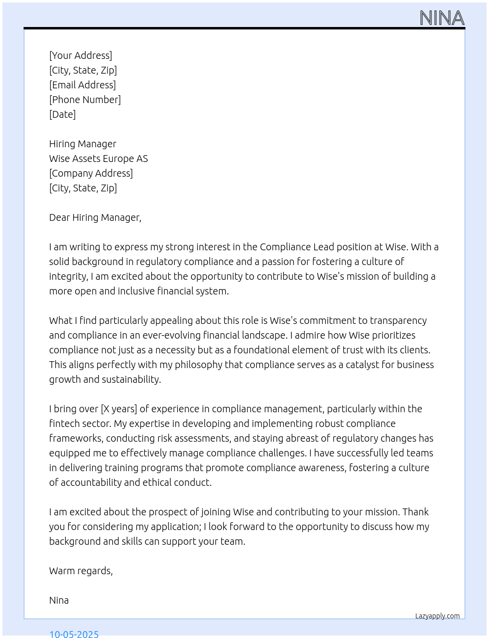 Cover letter for compliance lead - wise assets europe as - LazyApply