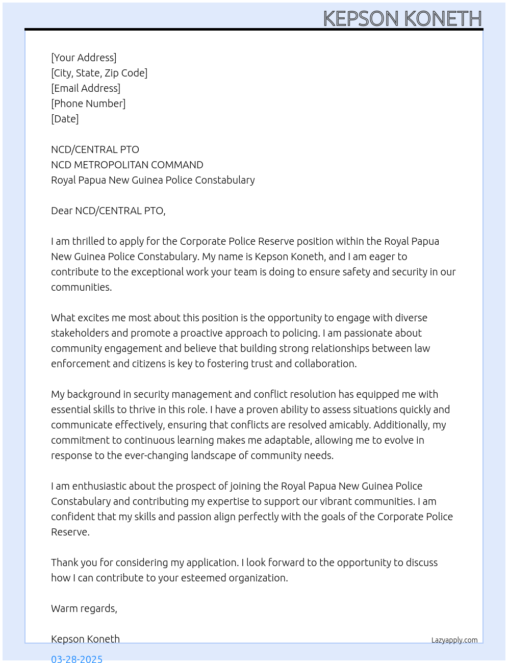 Cover letter for corporate police reserve - LazyApply