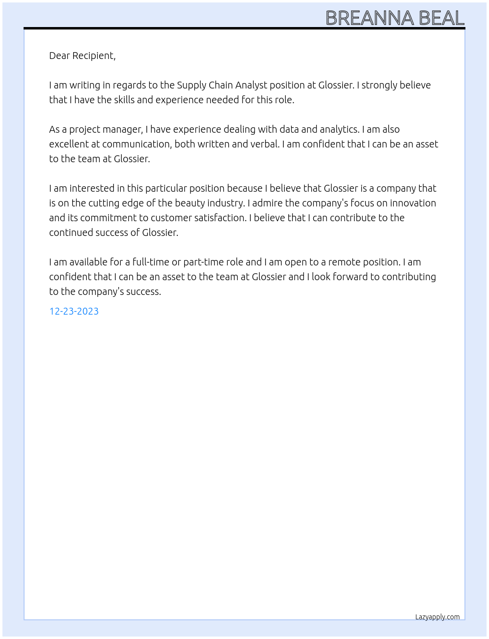 Cover letter for supply chain analyst - LazyApply