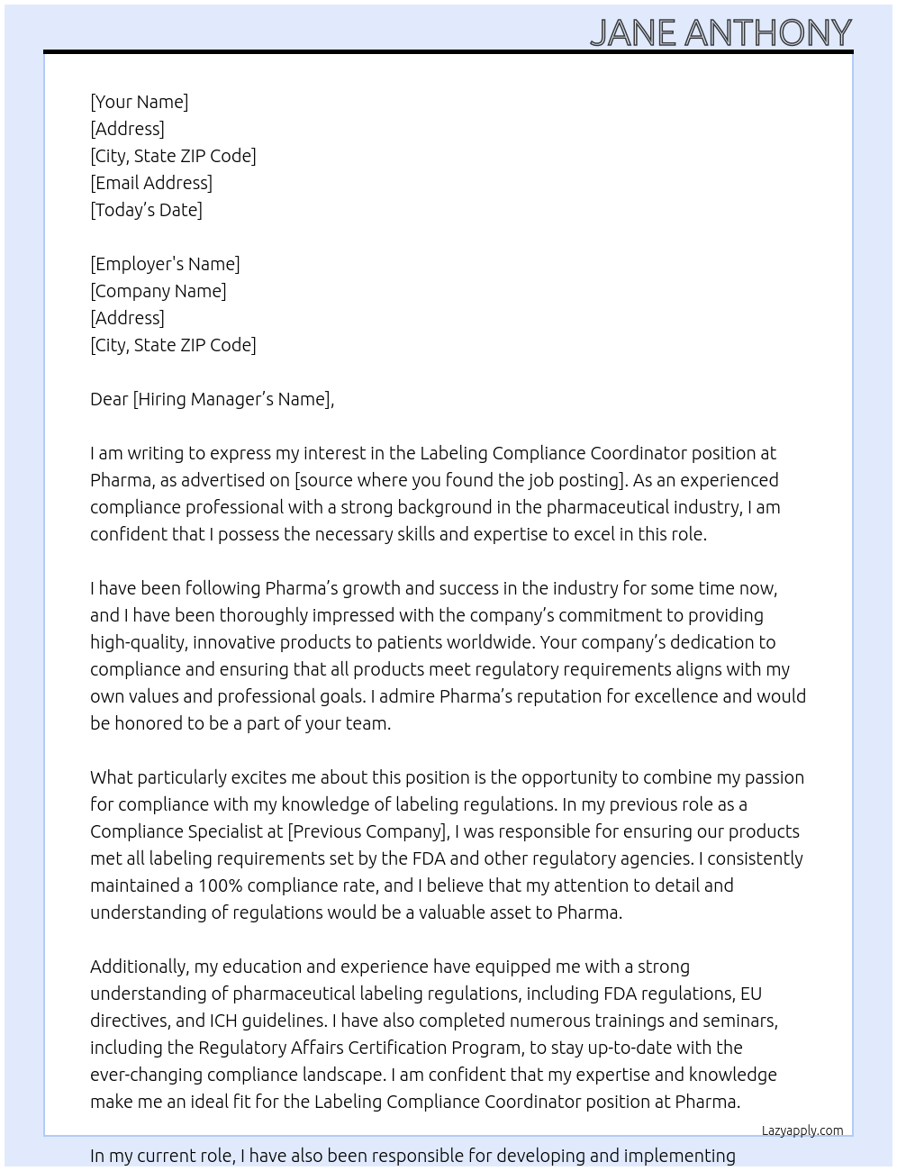 Cover letter for labeling compliance coordinator - LazyApply