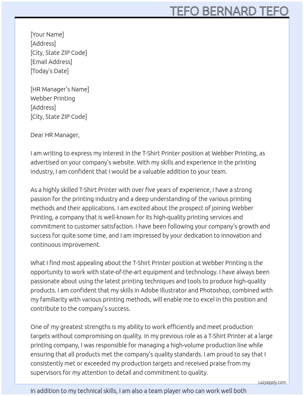 Cover letter for t-shirt printer - LazyApply