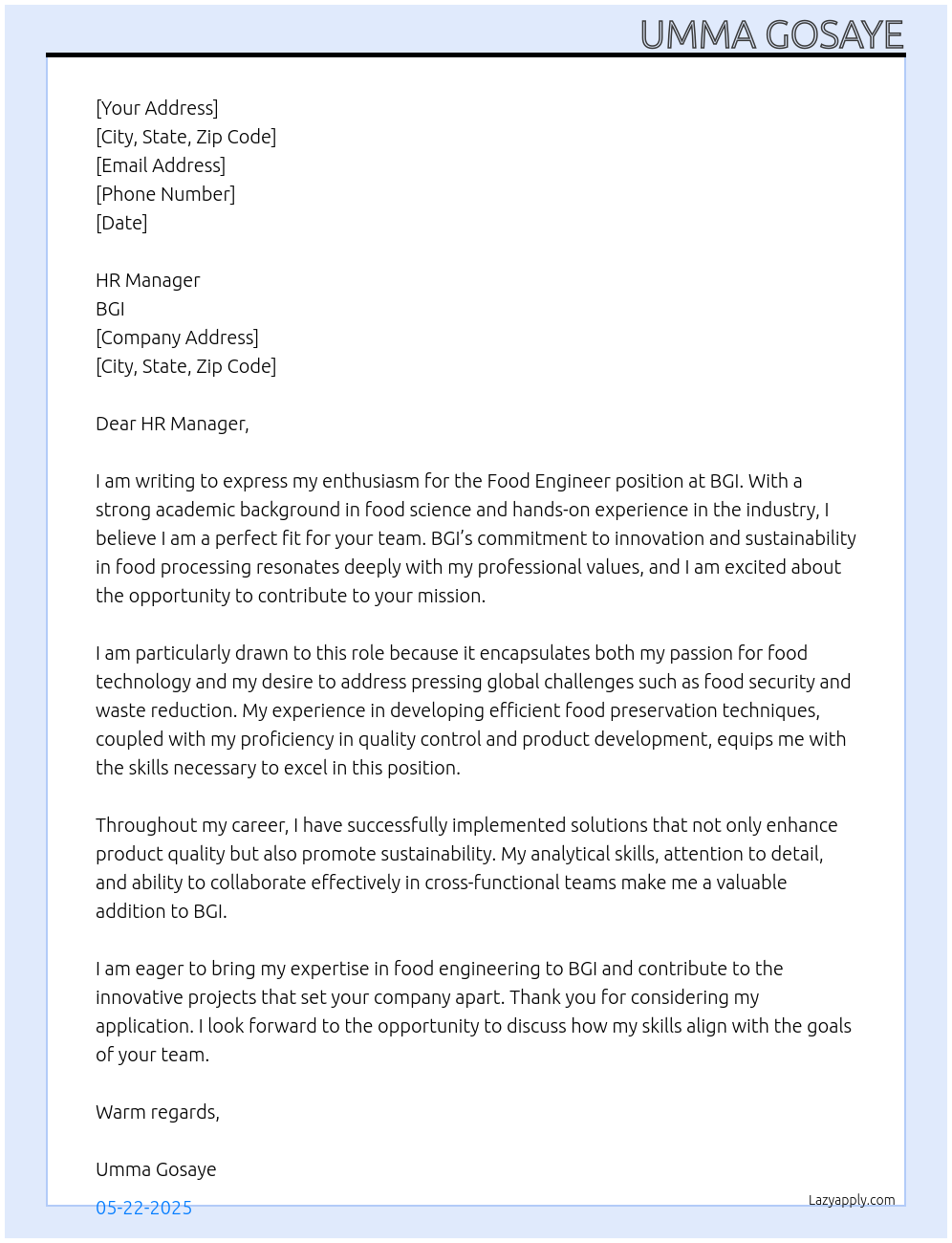 Cover letter for food engineer - LazyApply