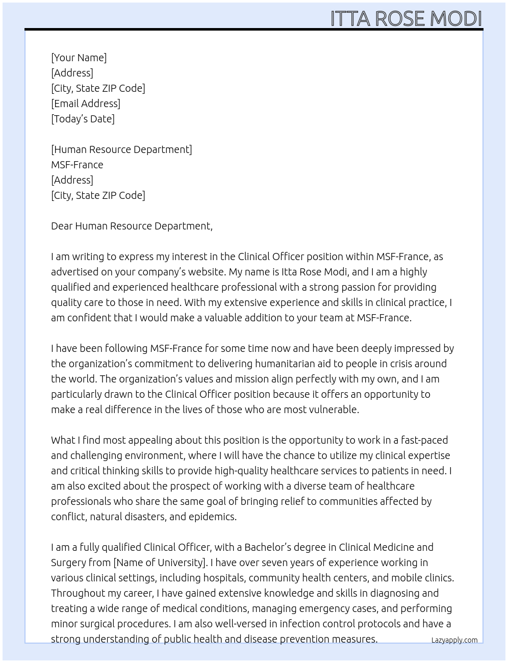 Cover letter for clinical officer - LazyApply