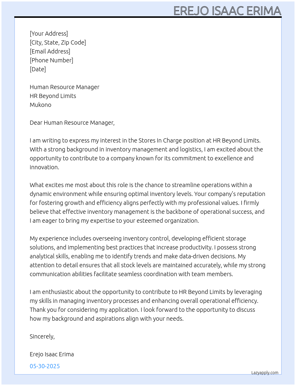 Cover letter for stores in charge - LazyApply