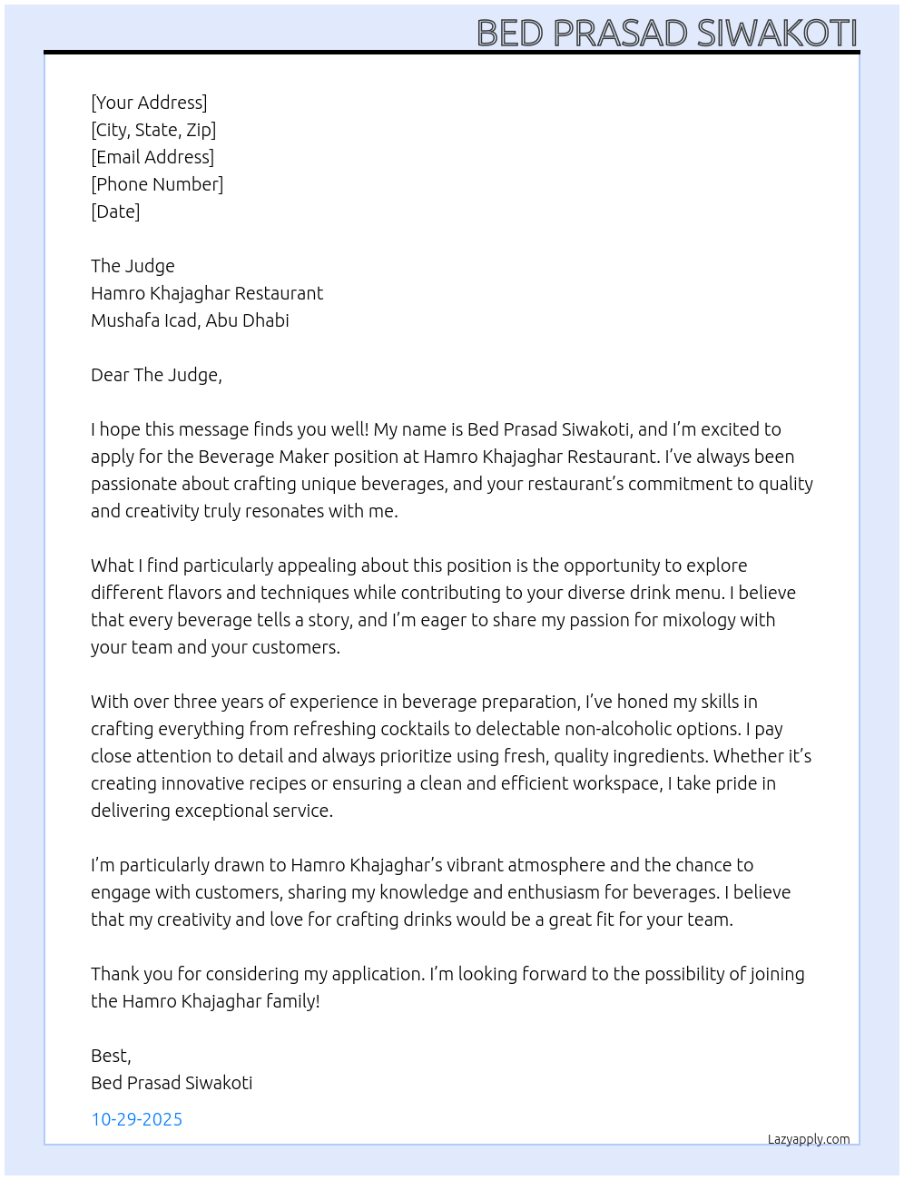 Cover letter for beverage maker - LazyApply