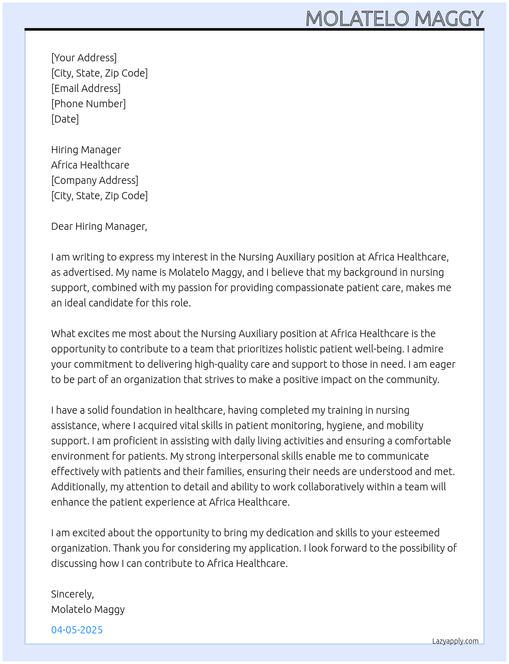 Cover letter for nursing auxiliary - LazyApply