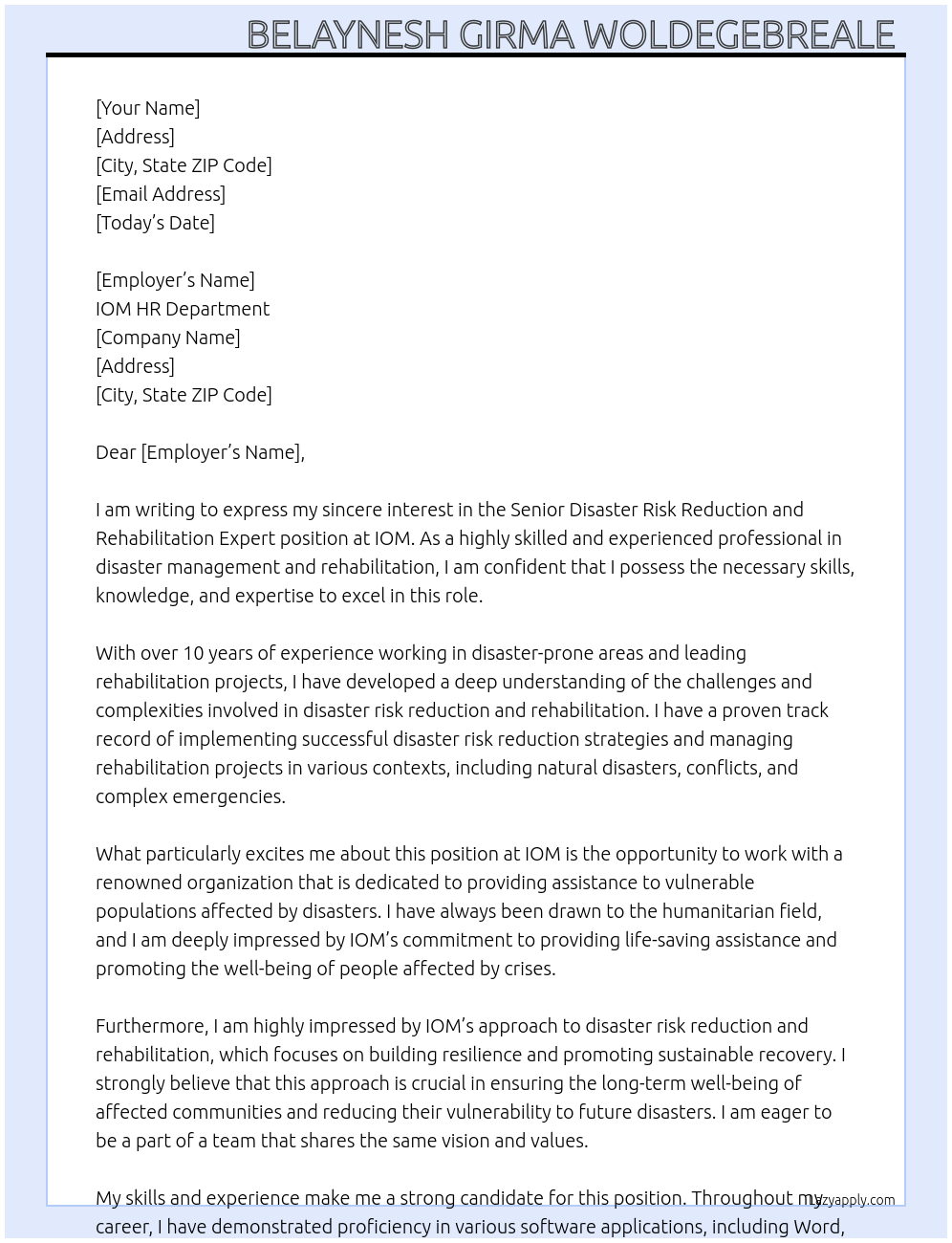 Cover letter for senior disaster risk reduction and rehabilitation ...