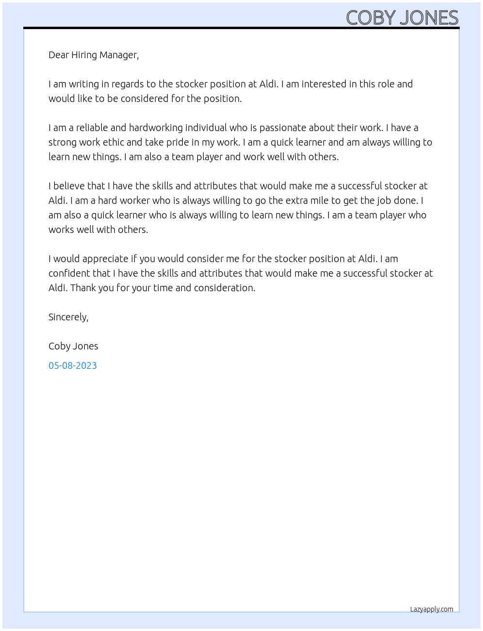 Cover letter for stocker - LazyApply