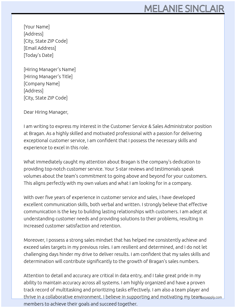 Cover letter for customer service & sales administrator - LazyApply