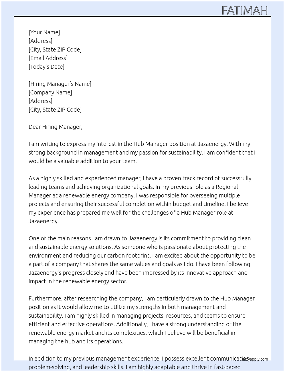 Cover letter for hub manager - LazyApply