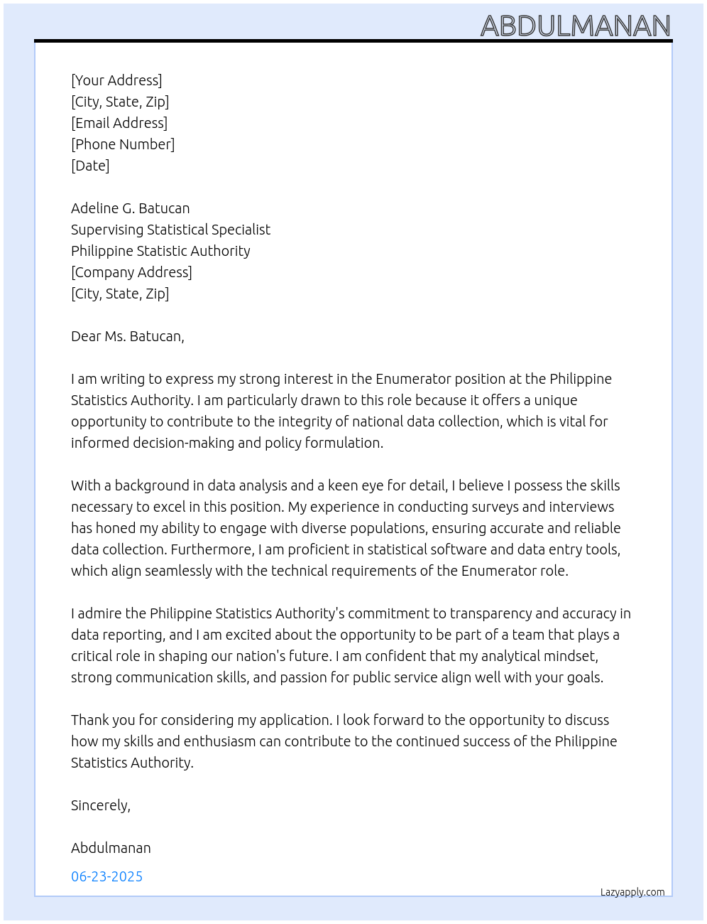 Cover letter for enumerator - LazyApply