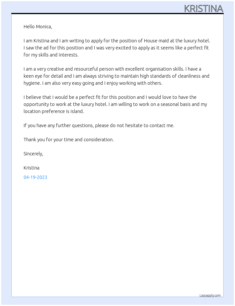 Cover letter for house maid - LazyApply