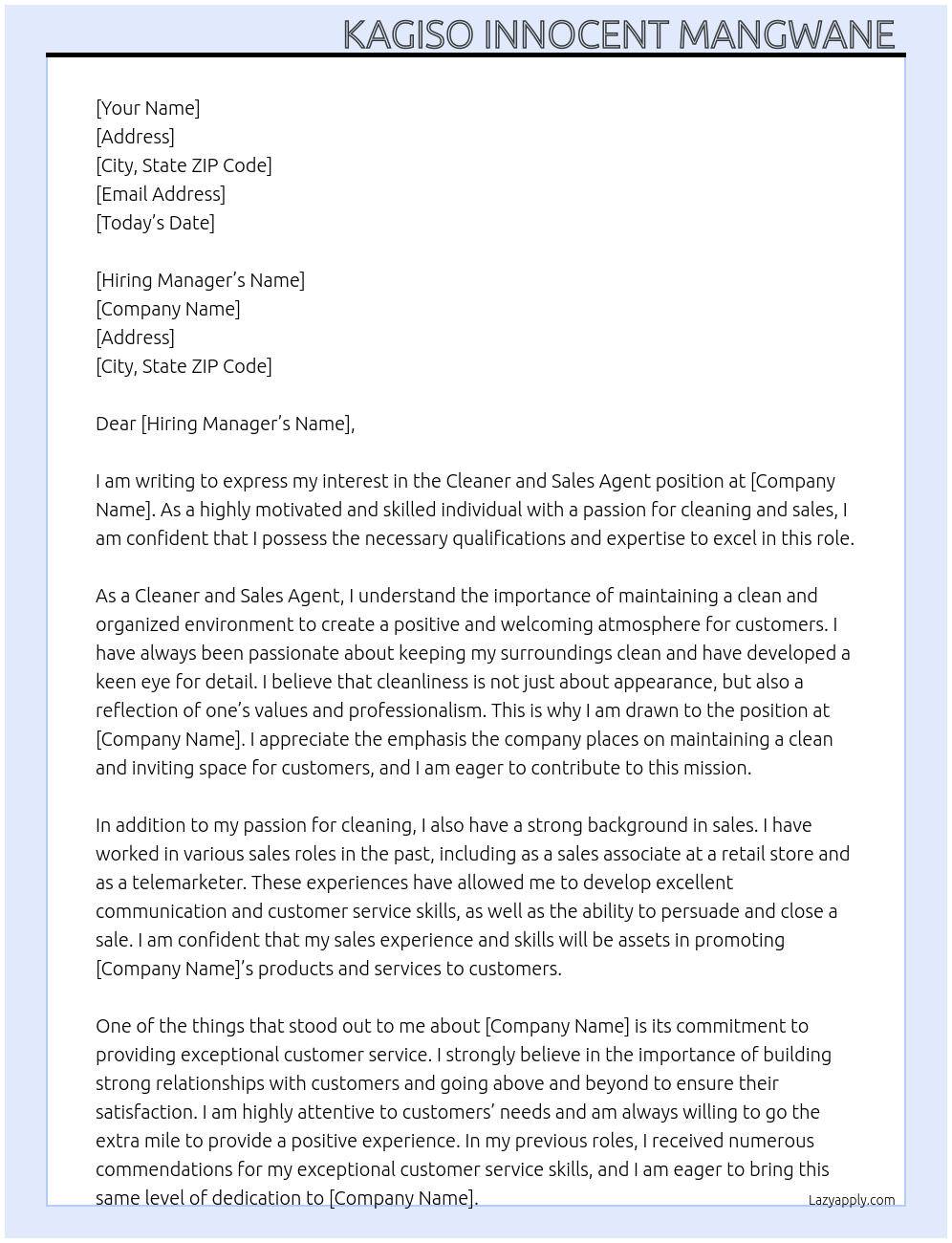 Cover letter for cleaner and sales agent - LazyApply