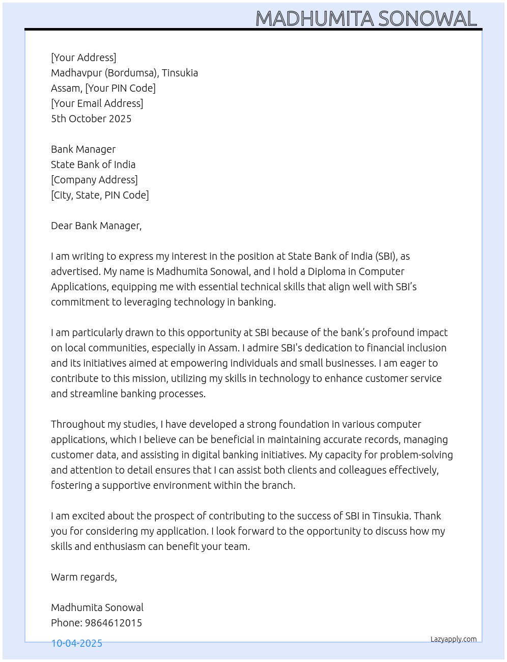 Cover letter for sbi bank requirements - LazyApply