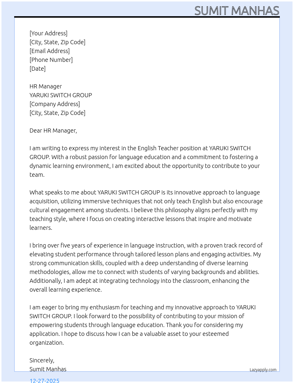 Cover letter for english teacher job - LazyApply