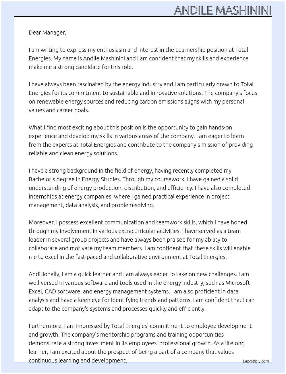 Cover letter for learnership - LazyApply