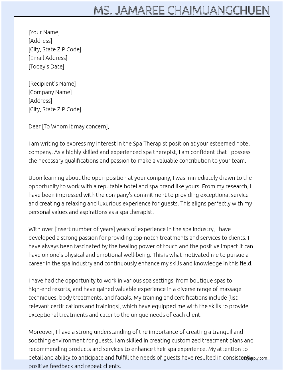 Cover letter for spa therapist - LazyApply