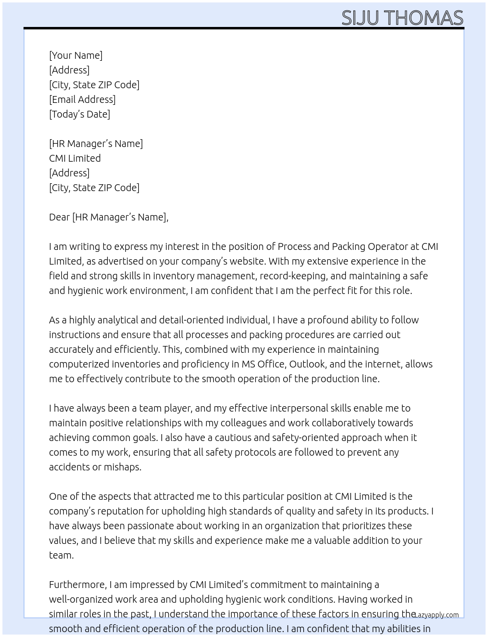 Cover letter for process and packing operator - LazyApply