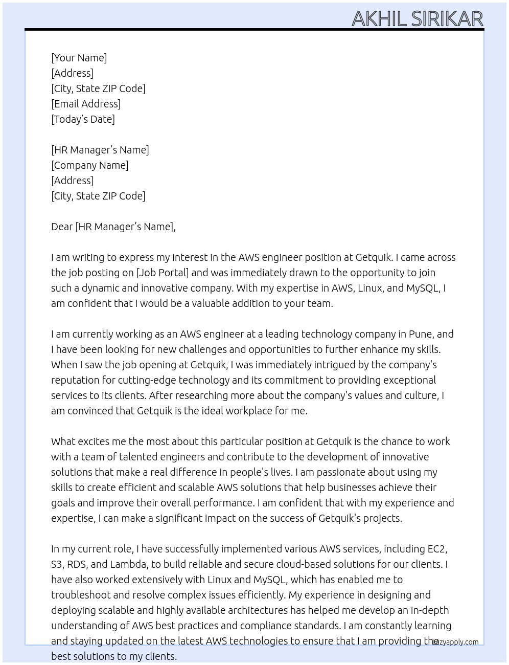 Cover letter for aws engineer - LazyApply