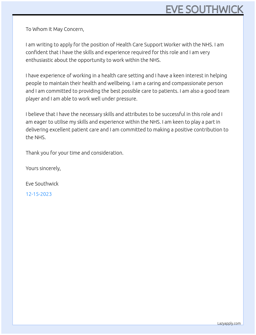 Cover letter for health care support worker - LazyApply