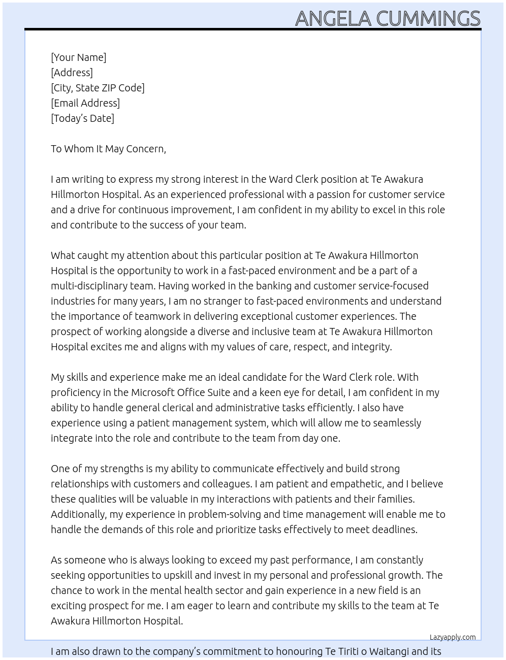 Cover letter for ward clerk - LazyApply