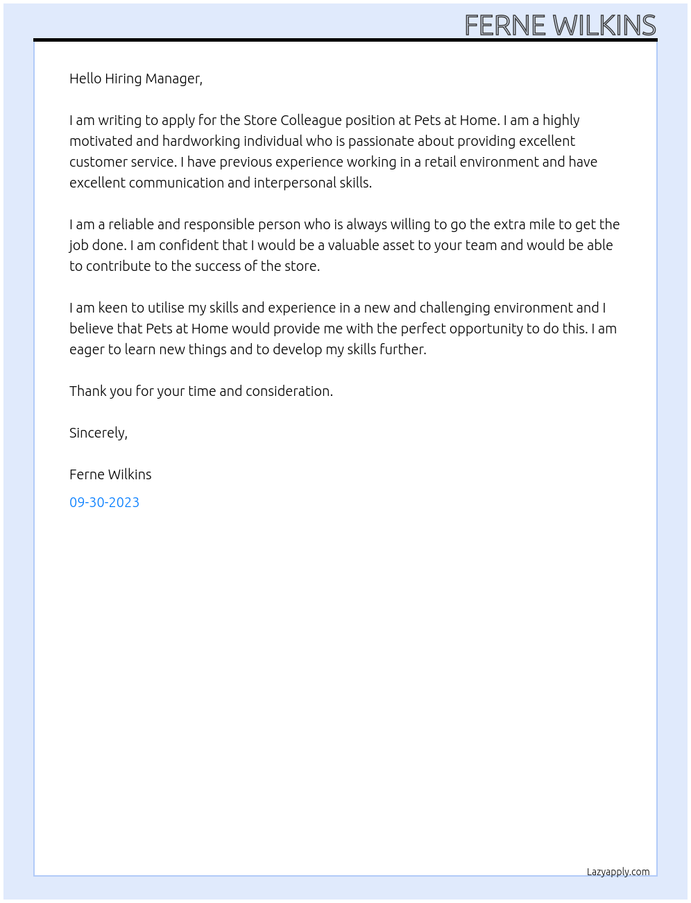 Cover letter for store colleague - LazyApply