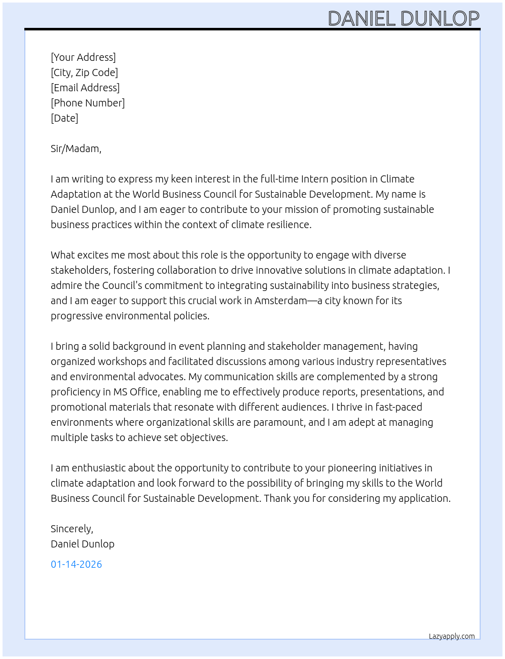 Cover letter for intern, climate adaptation - LazyApply