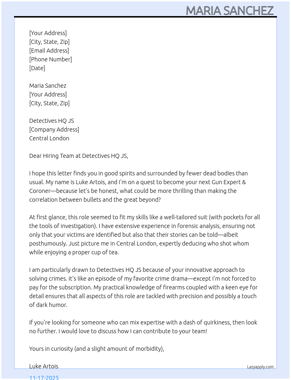 Cover letter for gun expert & coroner - LazyApply