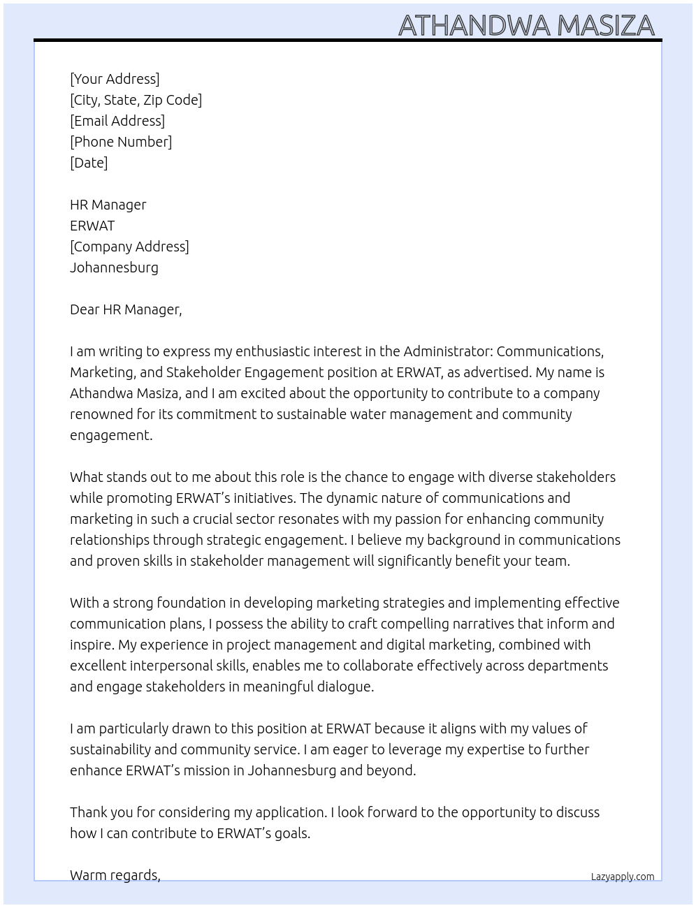 Cover letter for administrator: communications, marketing and ...