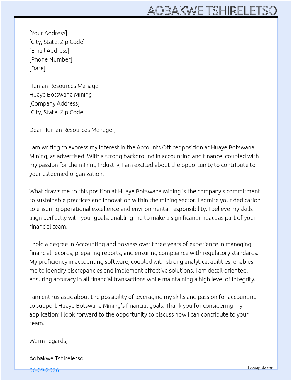 Cover letter for huaye botswana mining - LazyApply