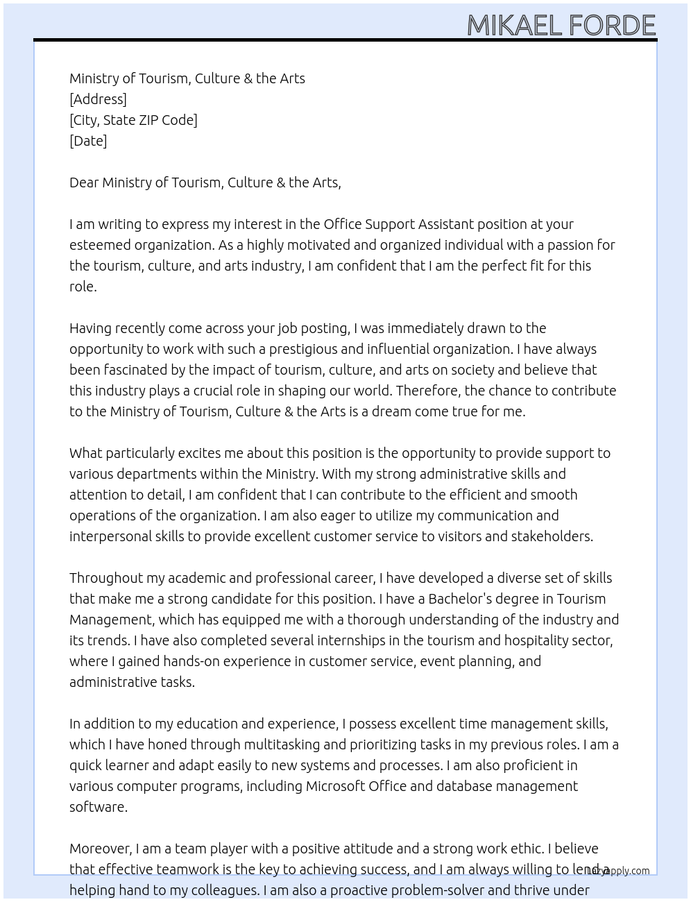 Cover letter for office support assistant - LazyApply
