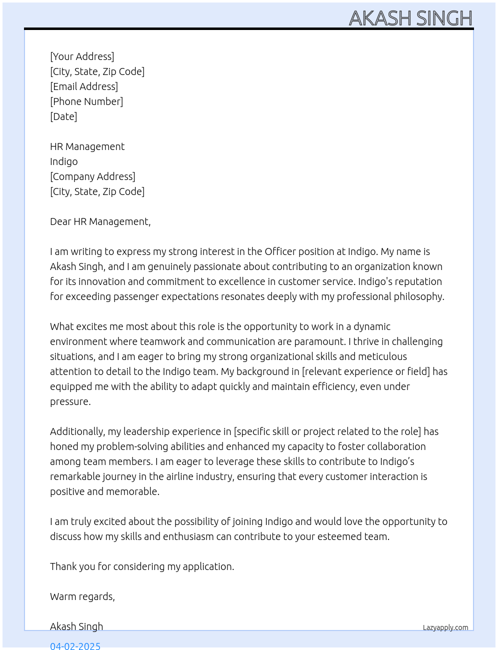 Cover letter for offecer - LazyApply