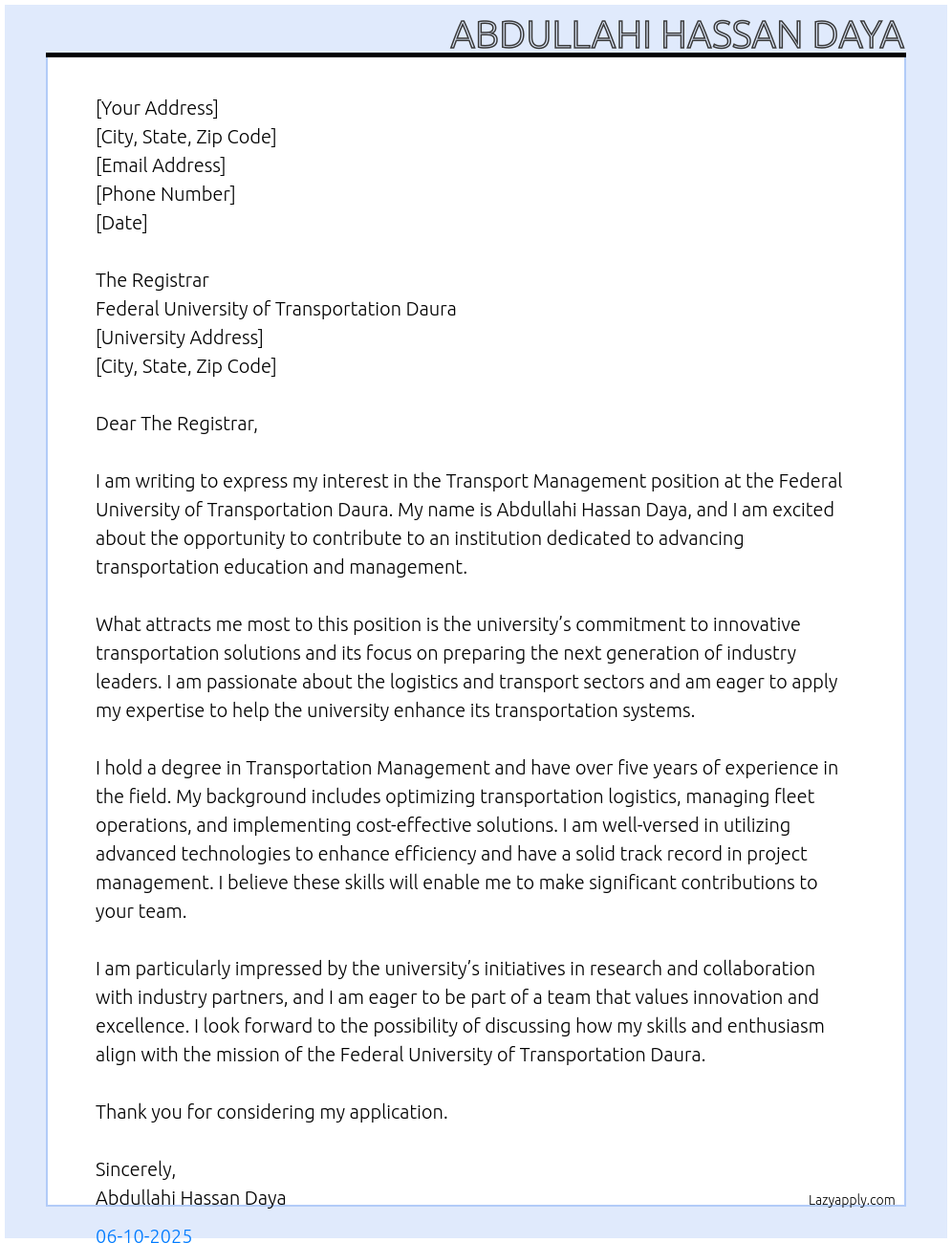 Cover letter for transport management - LazyApply