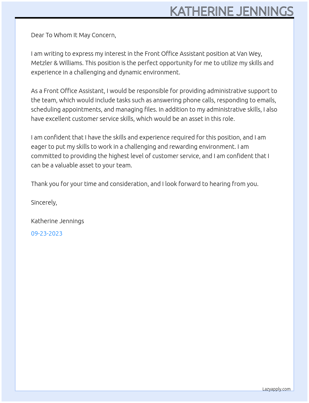 Cover letter for front office assistant - LazyApply