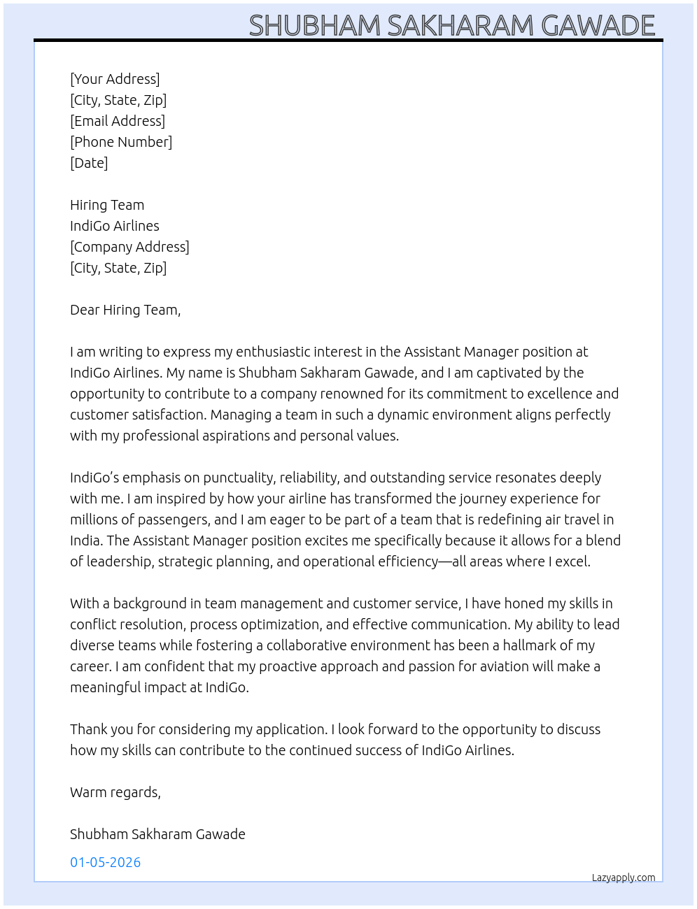 Cover letter for assistant manager. indigo airline - LazyApply