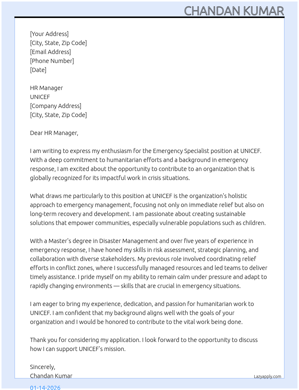 Cover letter for emergency specialist - LazyApply