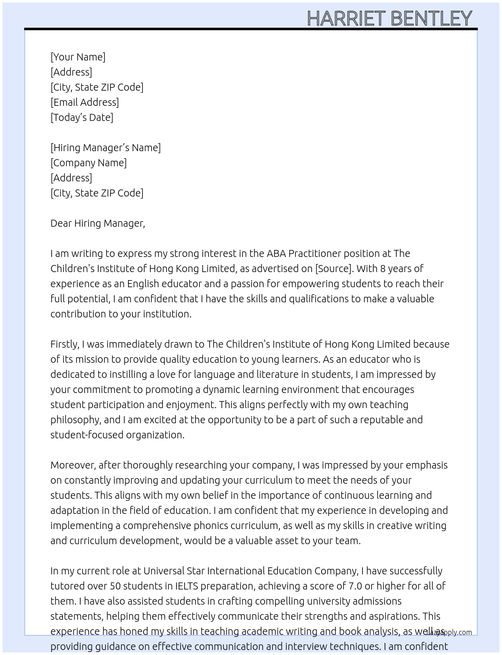 Cover letter for aba practitioner - LazyApply