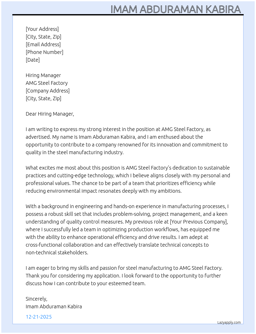 Cover letter for amg steel factory - LazyApply