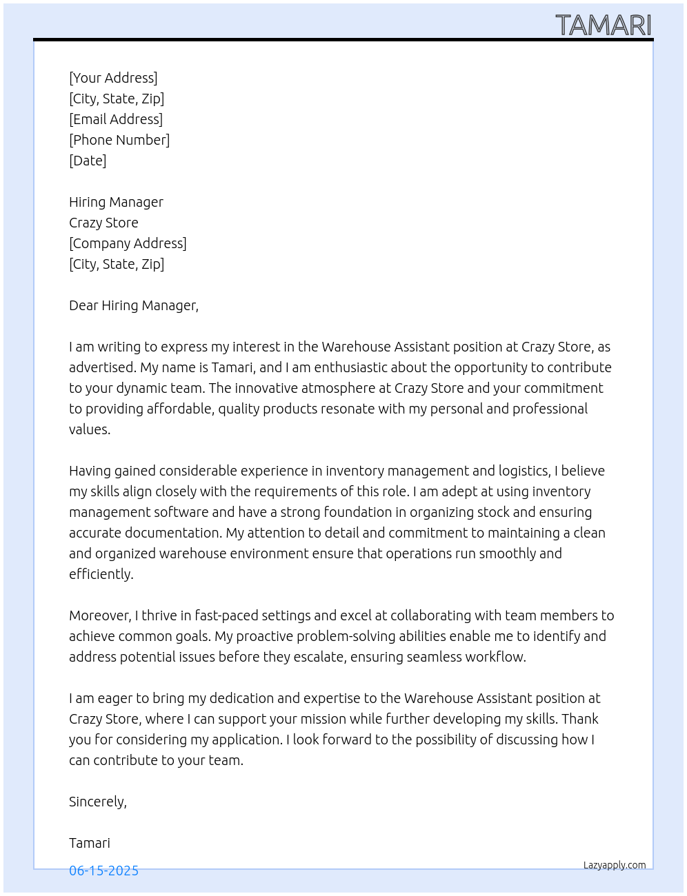 Cover letter for warehouse assistant - LazyApply