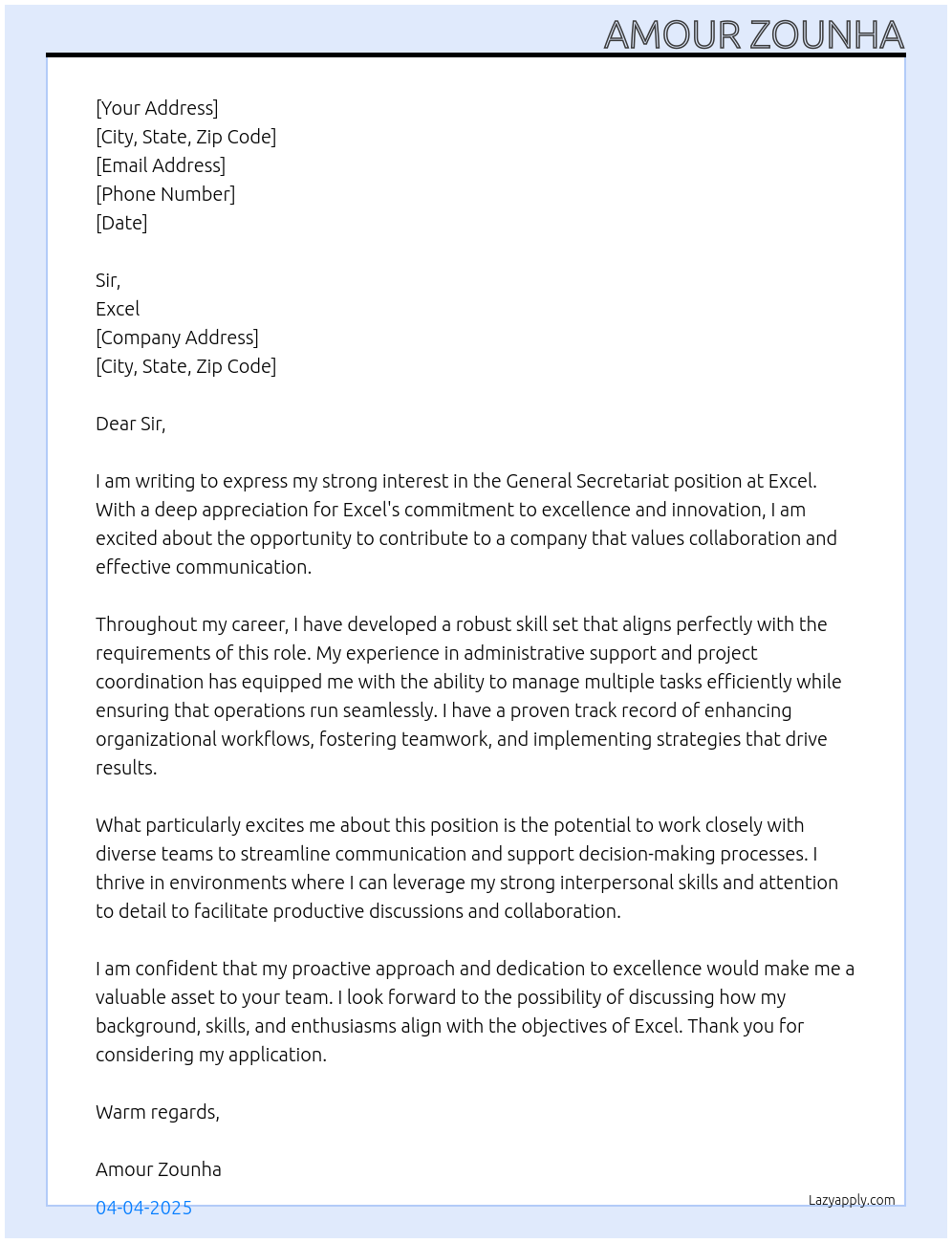 Cover letter for general secretariat - LazyApply