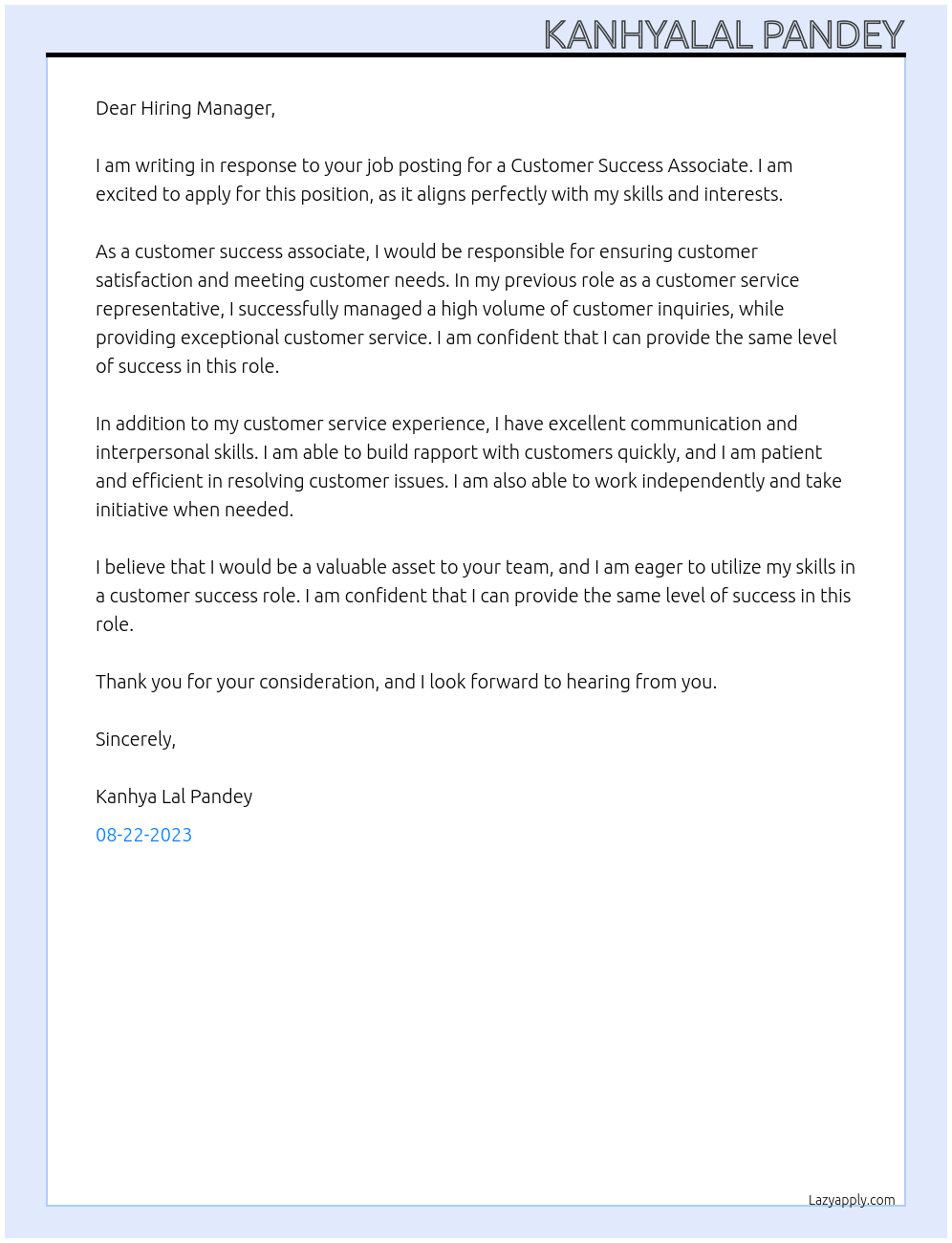 Cover letter for customer success associate - LazyApply