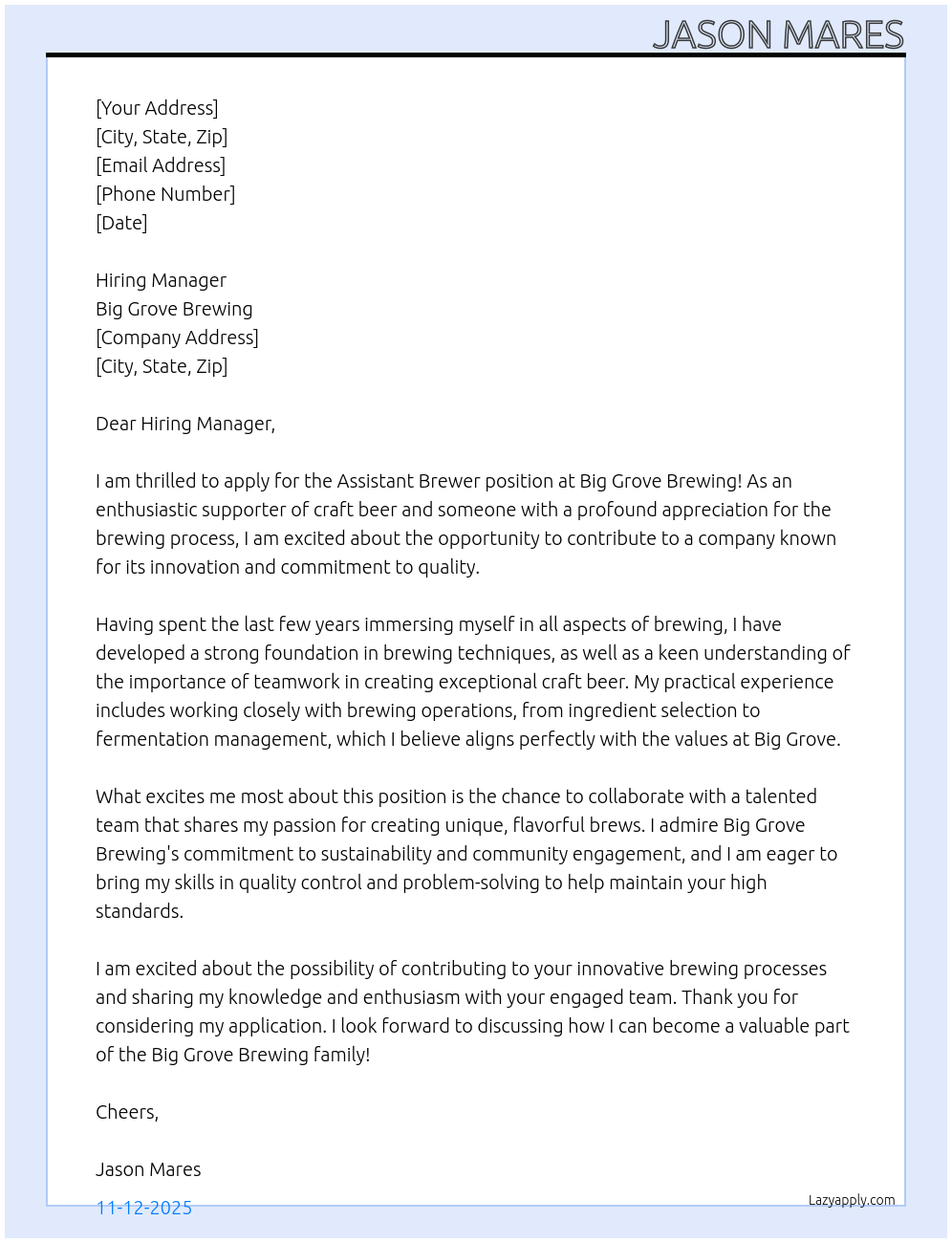 Cover letter for assistant brewer - LazyApply