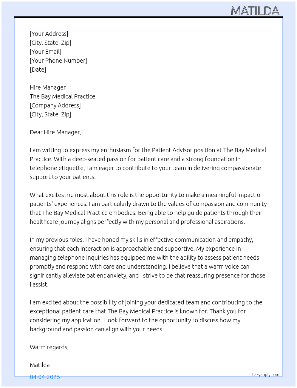 Cover letter for patient advisor - LazyApply
