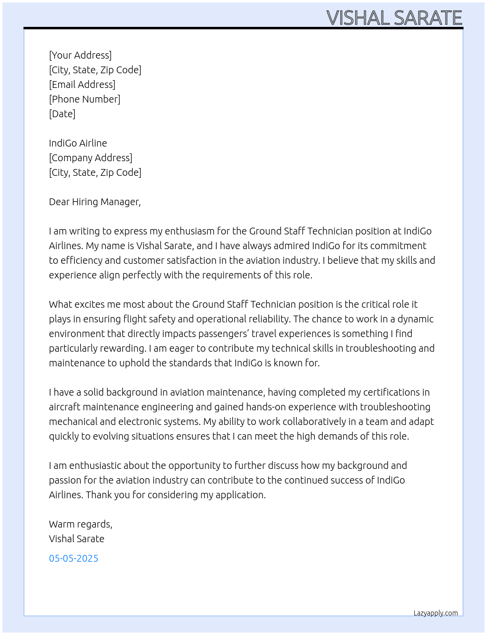 Cover letter for ground staff technician - LazyApply