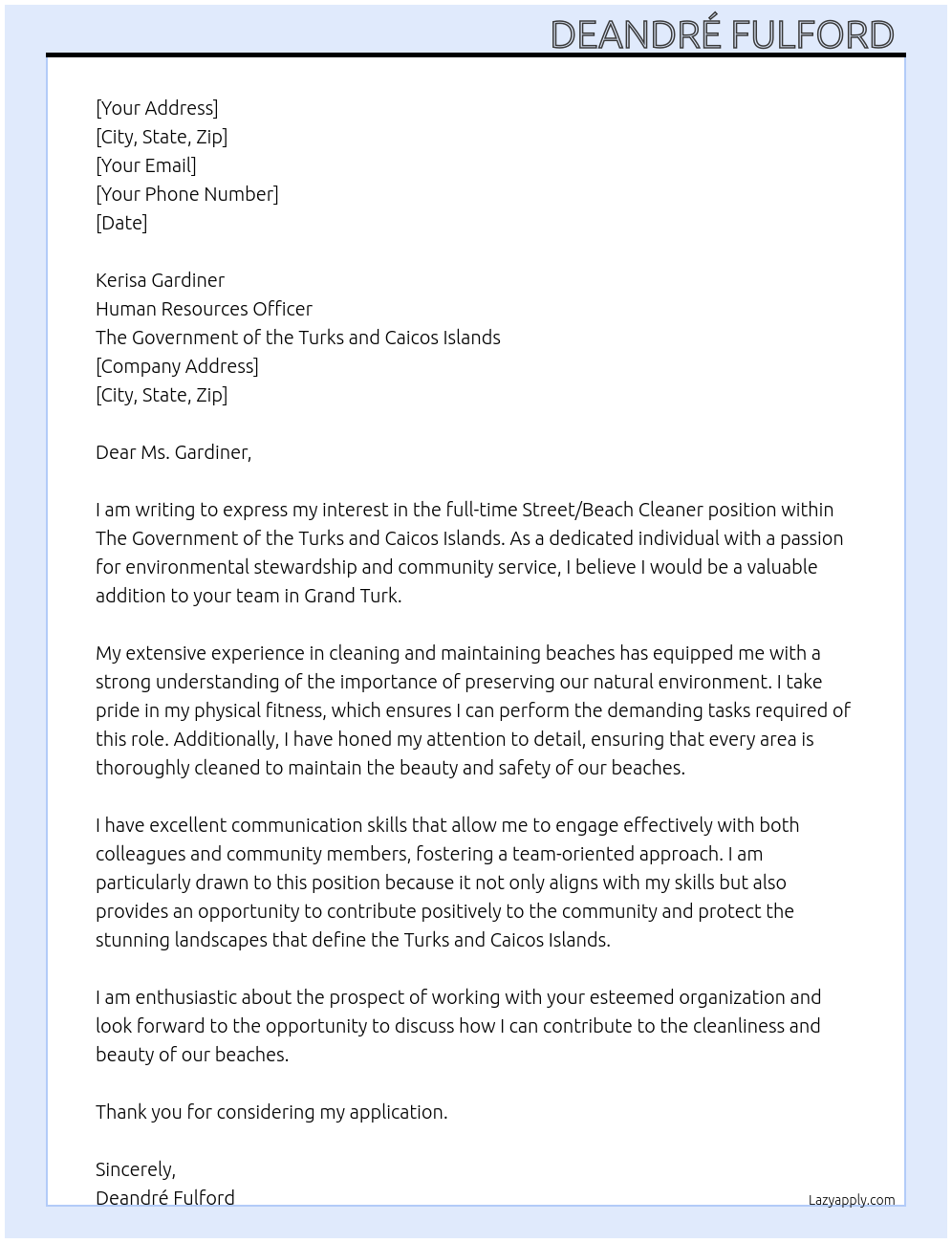 Cover letter for street/beach cleaner - LazyApply
